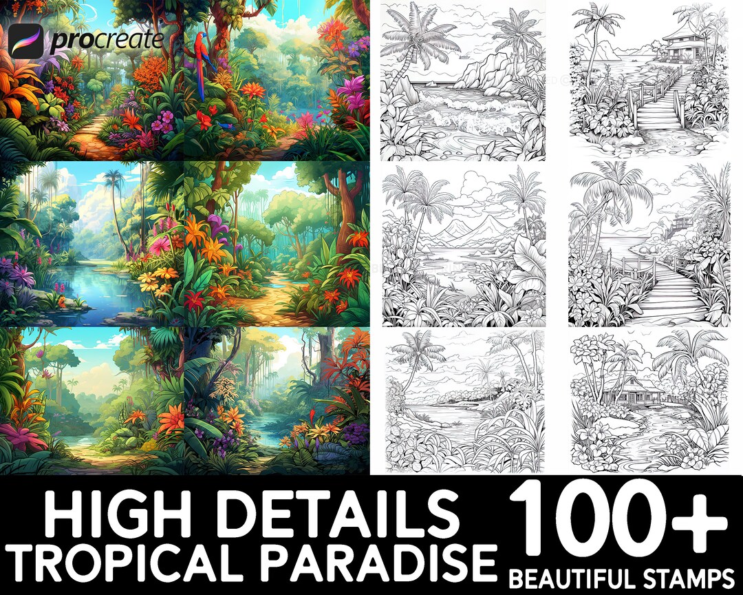 100+ Tropical Paradise Procreate Brush Set | Unique Tropical Forest ...