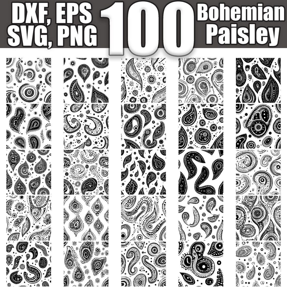 Bohemian Paisley Seamless Pattern SVG Bundle: 100 Designs (digital ...