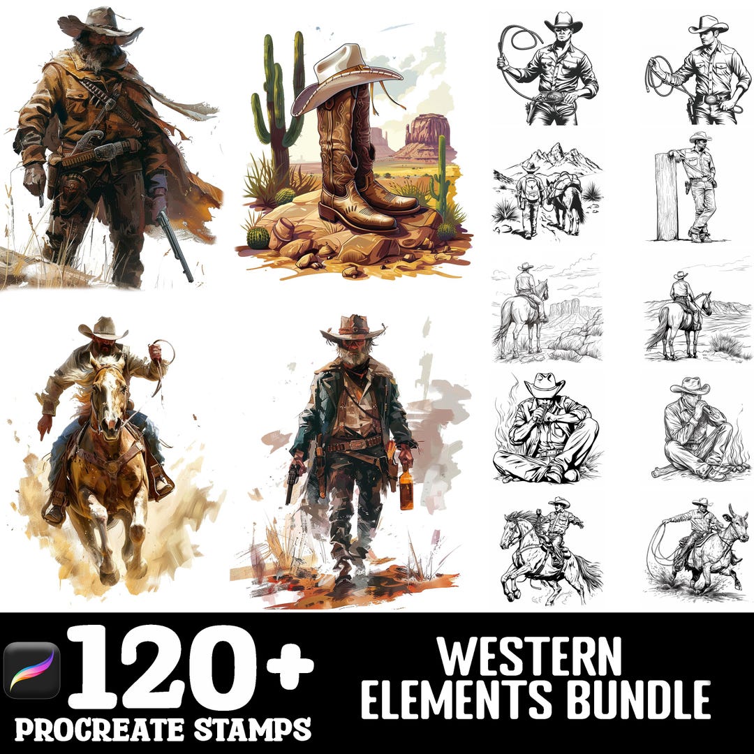 128+ Western Elements Procreate Brush Set | Stamps for Procreate ...