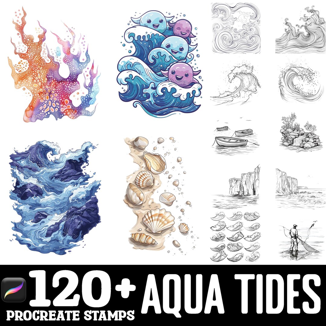 100+ Aqua Tide Procreate Brush Set | Procreate Stamp Brushes | Instant ...