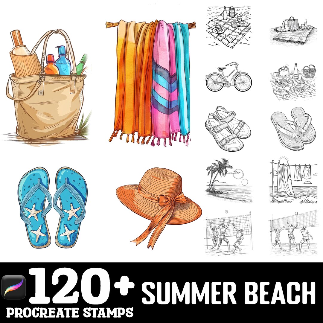 100+ Summer Beach Brush Set | Procreate Stamp Brushes | Instant Digital ...
