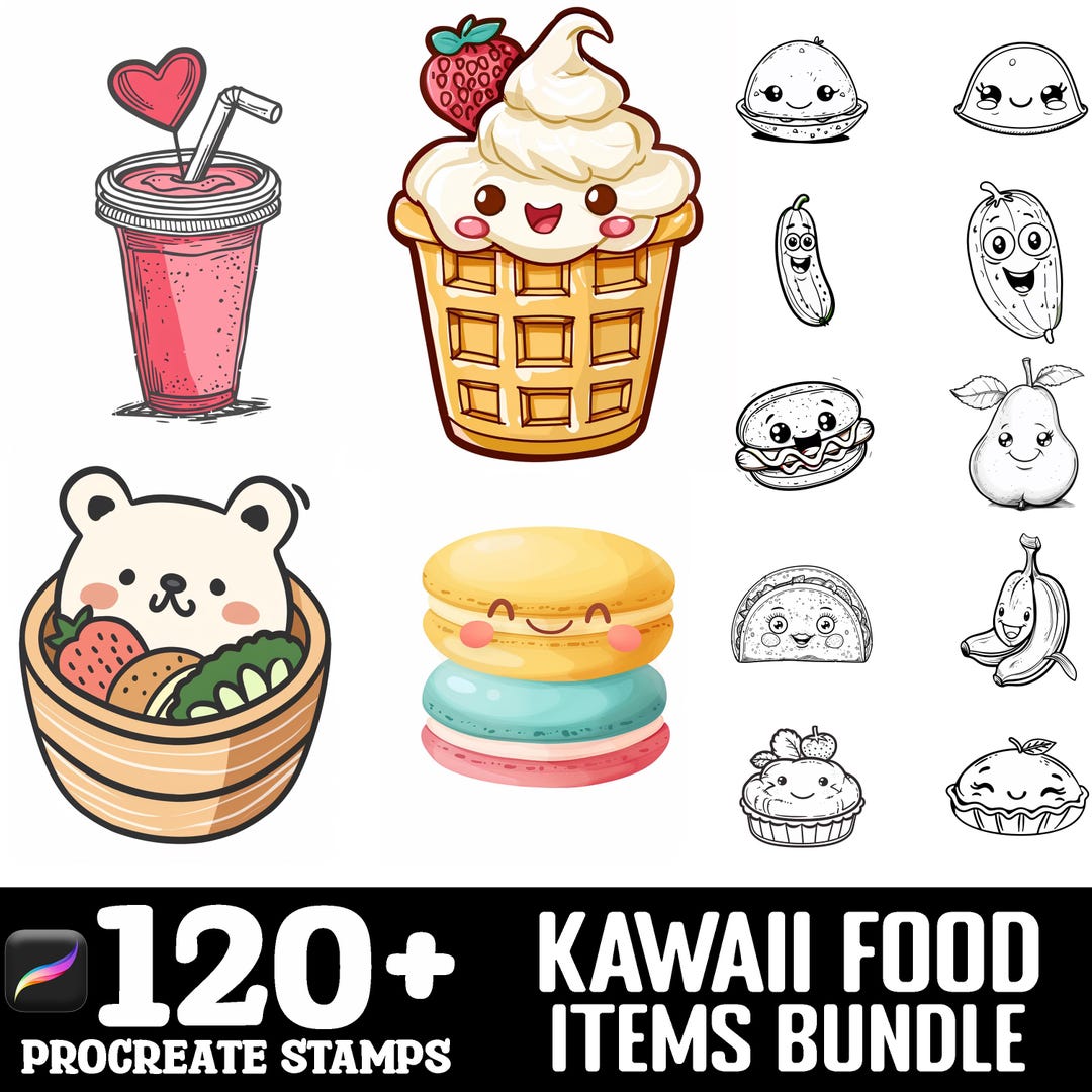100+ Kawaii Food Items Procreate Brush Set | Procreate Stamp Brushes ...