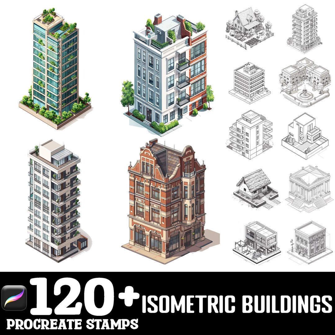 100+ Isometric Buildings Procreate Brush Set | Procreate Stamp Brushes ...