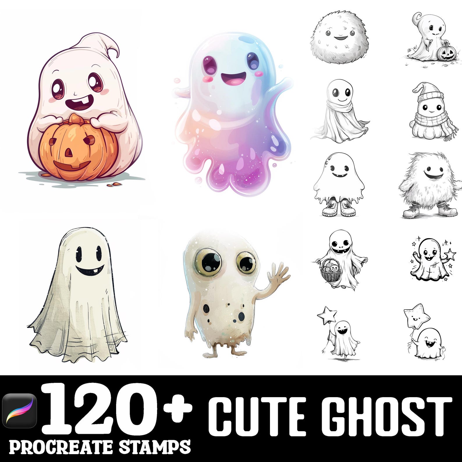 100+ Cute Ghost Procreate Brush Set | Procreate Stamp Brushes | Instant ...