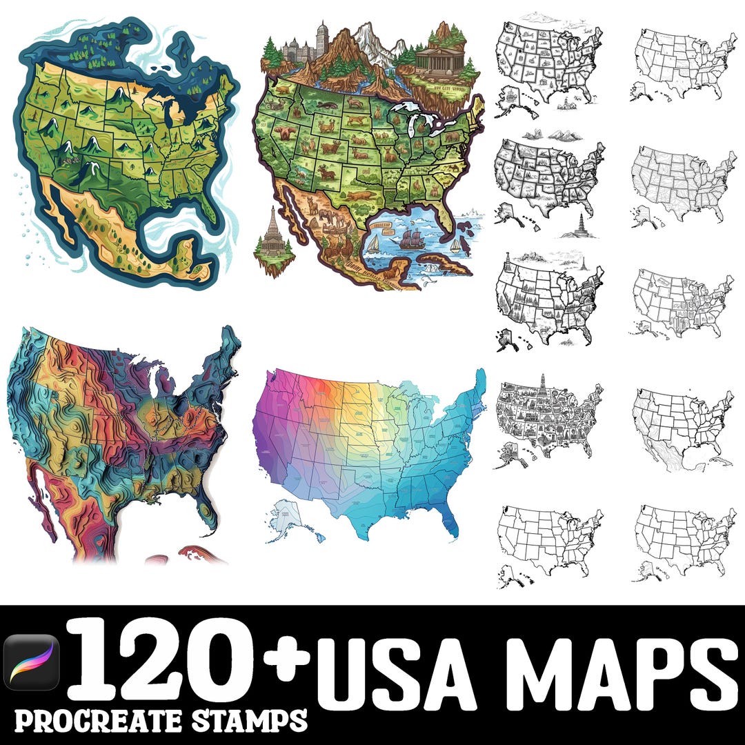 100+ US Maps Procreate Brush Set | Procreate Stamp Brushes | Instant ...