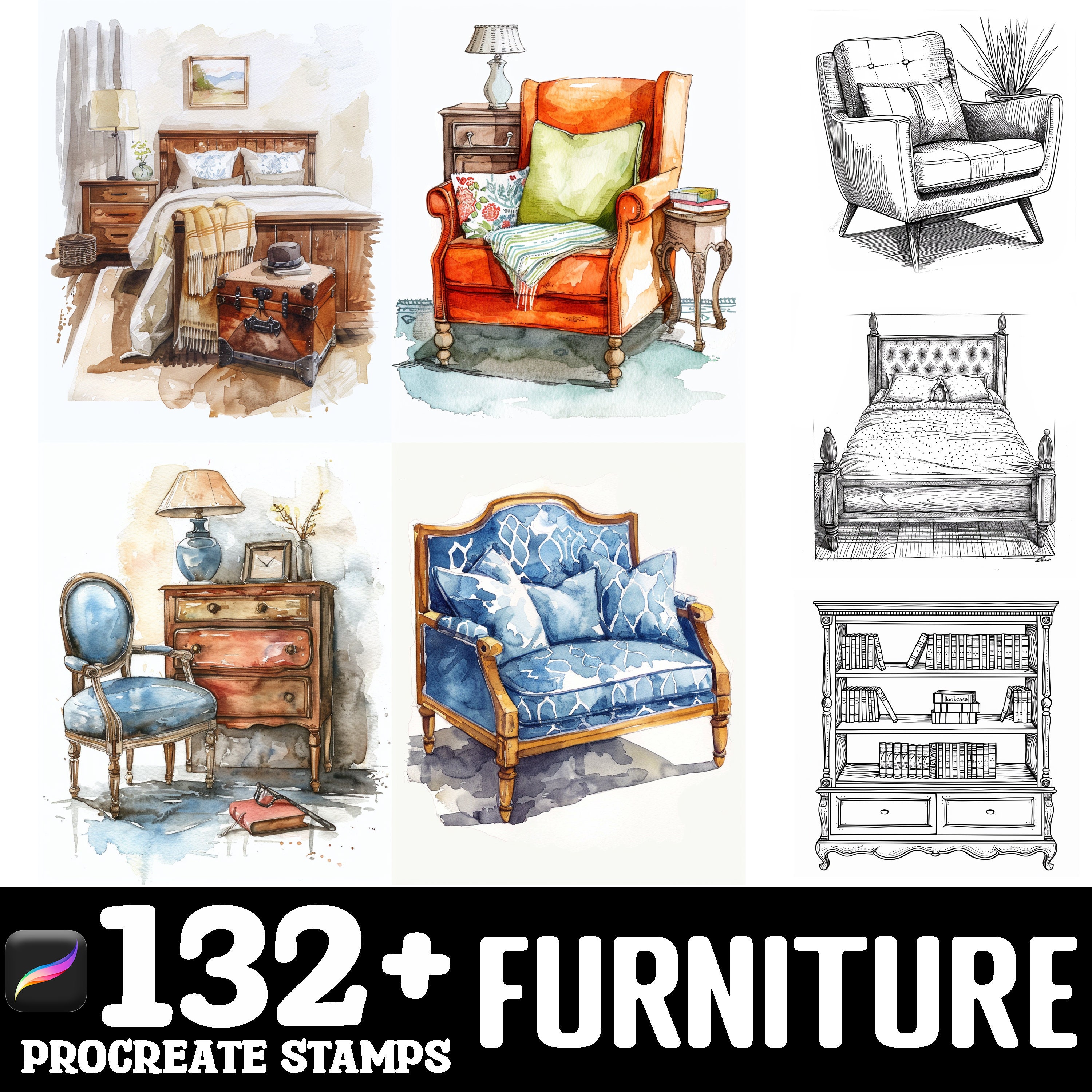 132 Furniture Procreate Brush Set | Stamps for Procreate | Instant ...