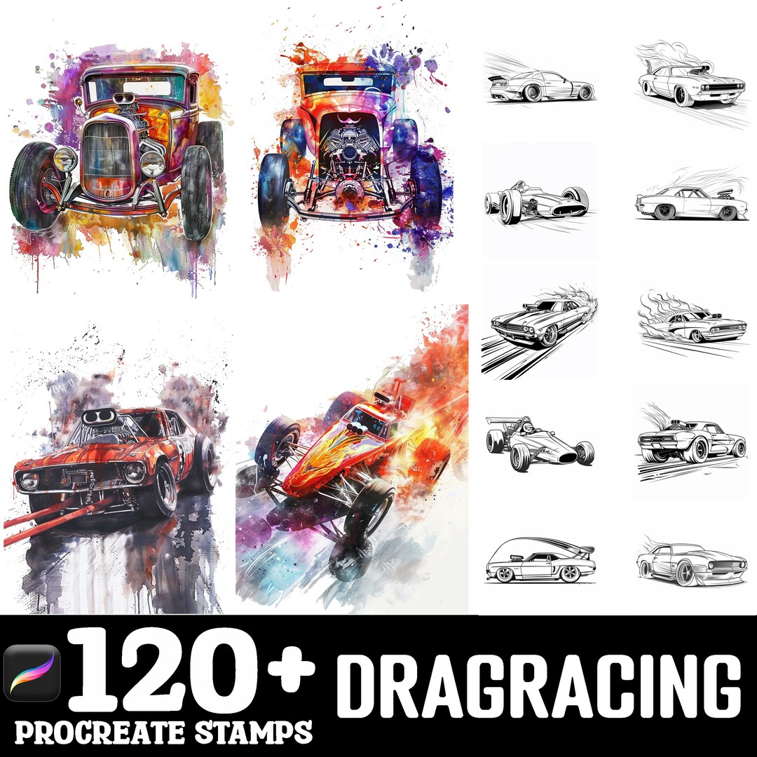 120 Drag Racing Car Brush Set | Stamps for Procreate | Instant Digital ...