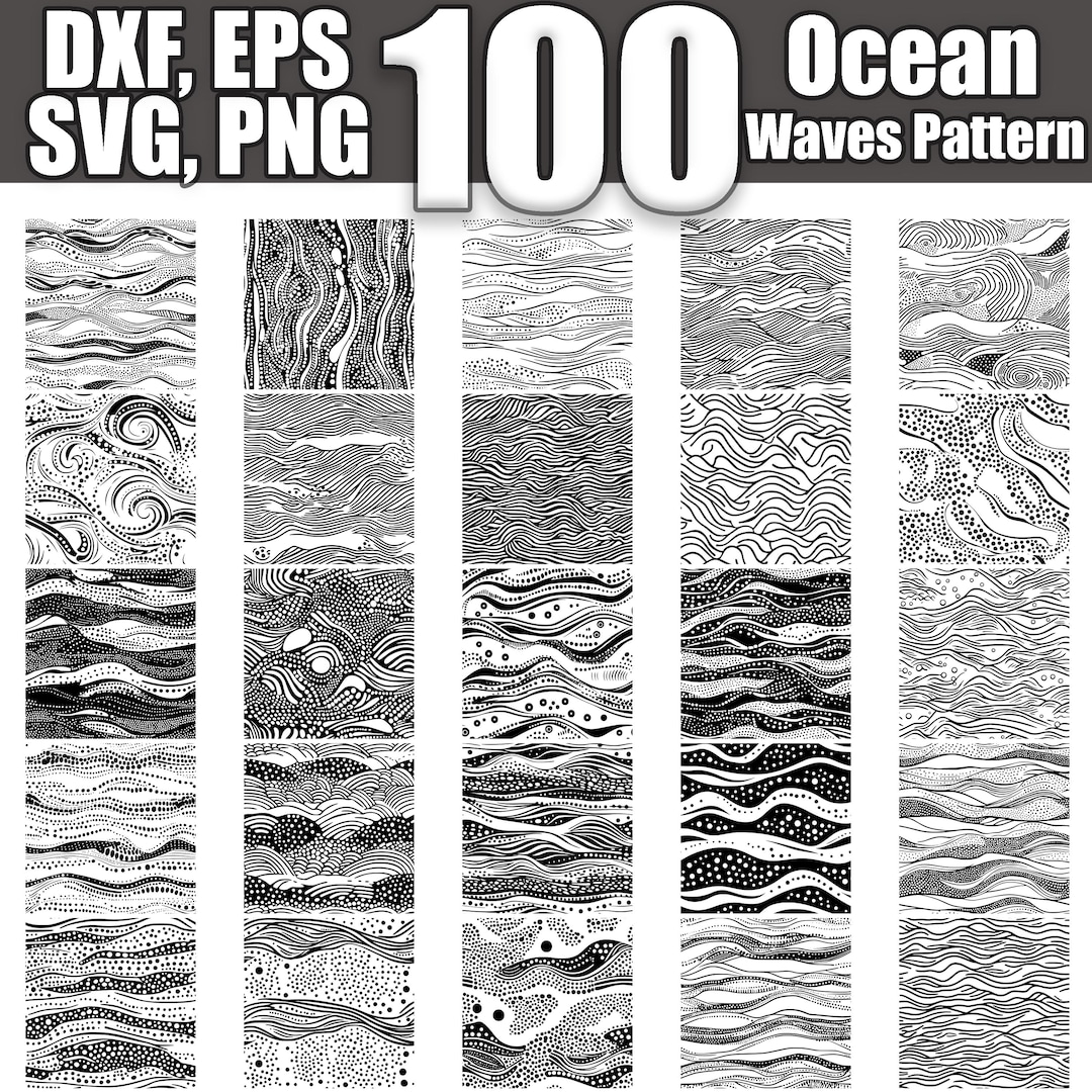 Ocean Waves Seamless Pattern SVG Bundle: 100 Coastal Designs (digital ...