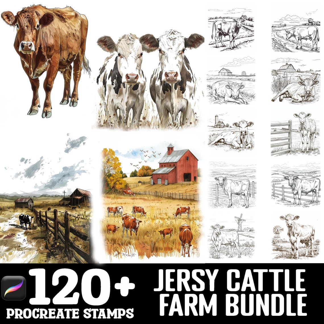 128+ Jersey Cattle Farm Procreate Brush Set | Stamps for Procreate ...