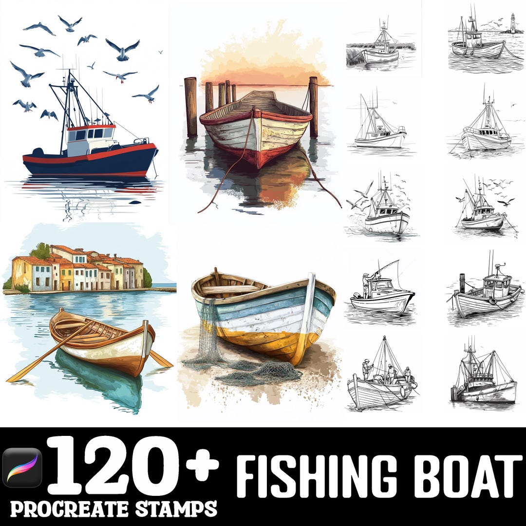 120+ Fishing Boat Procreate Brush Set | Stamps for Procreate | Instant ...