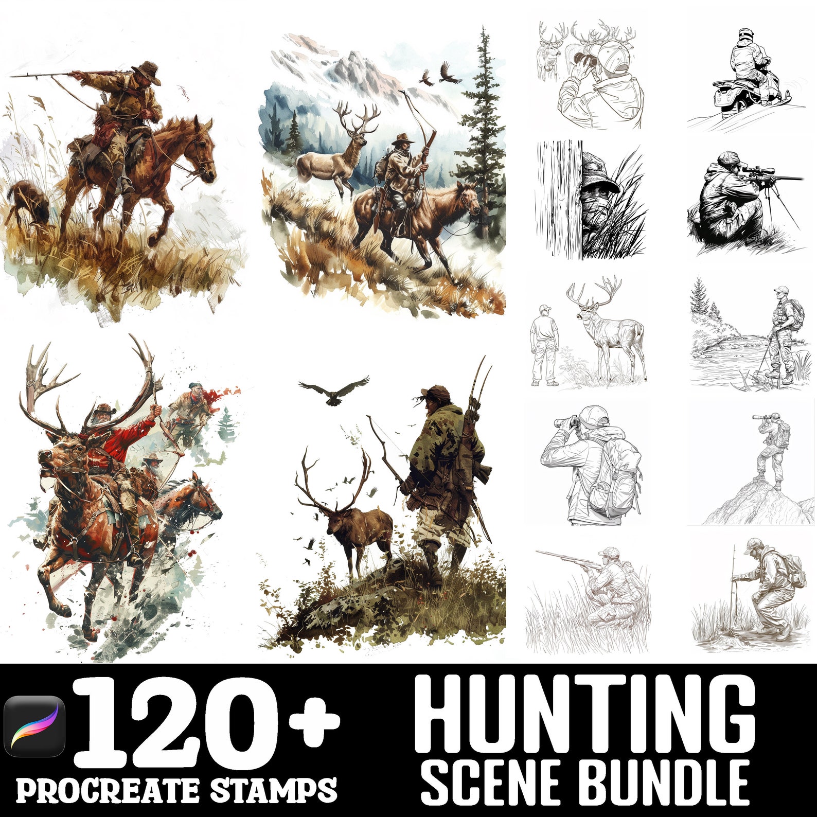 100+ Hunting Scene Procreate Brush Set | Procreate Stamp Brushes ...
