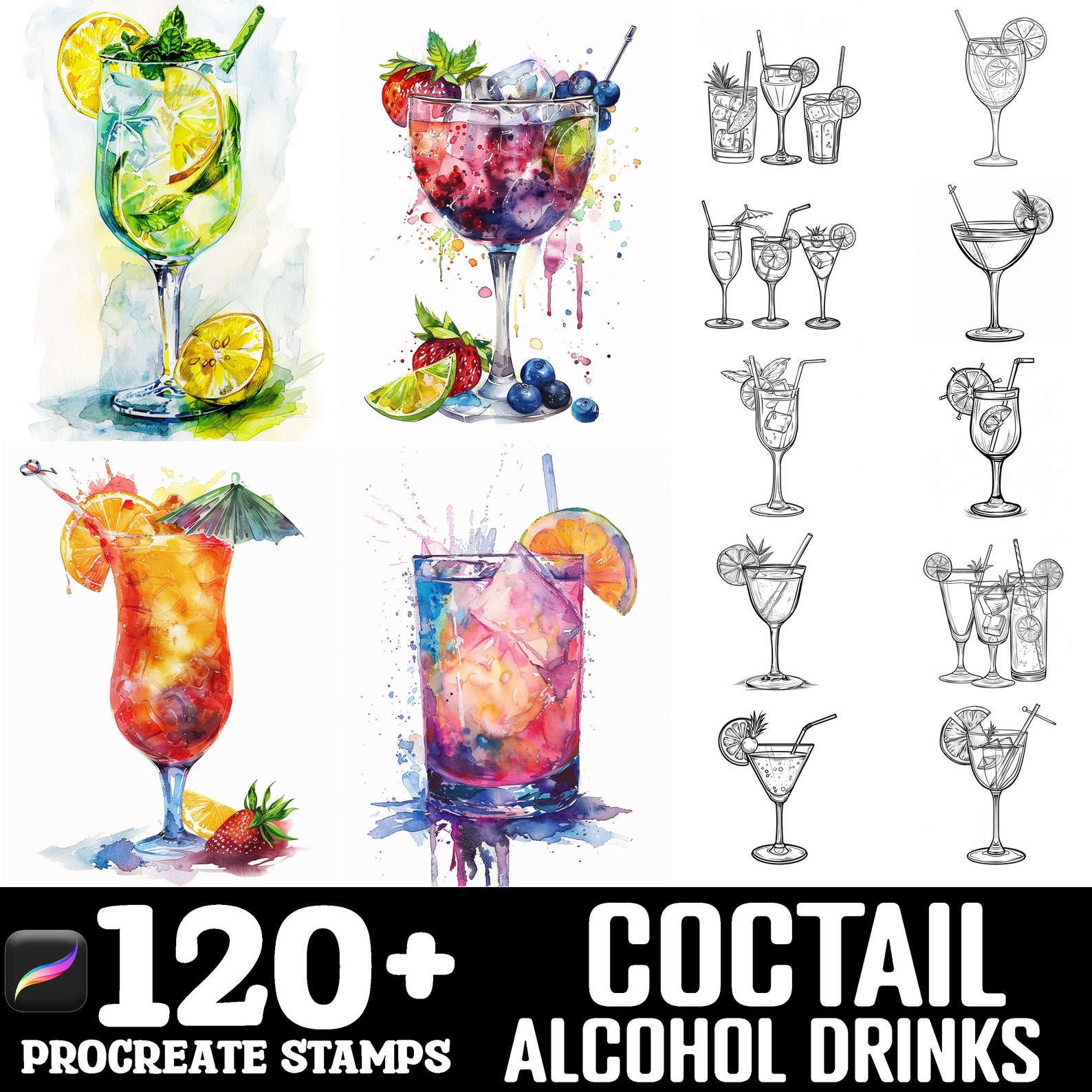 120 Cocktail Alcohol Drinks Brush Set | Stamps for Procreate | Instant ...