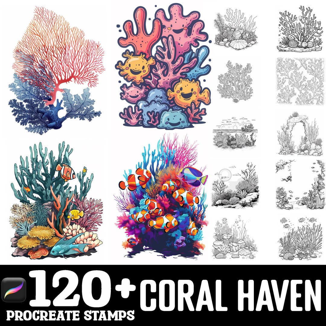 100+ Coral Heaven Procreate Brush Set | Procreate Stamp Brushes ...