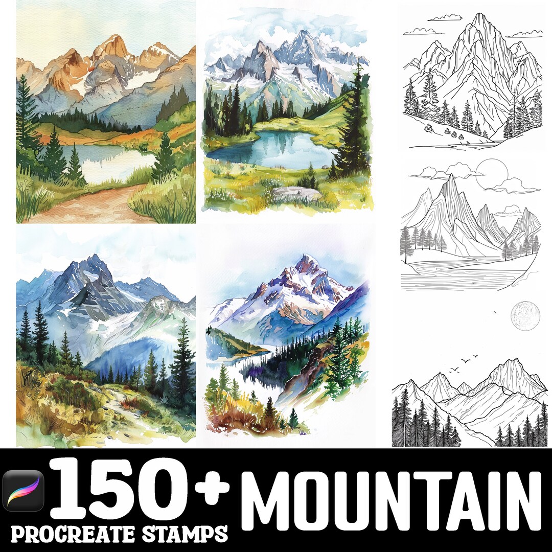150+ Mountain Scene Nature Procreate Brush Set | Stamps for Procreate ...