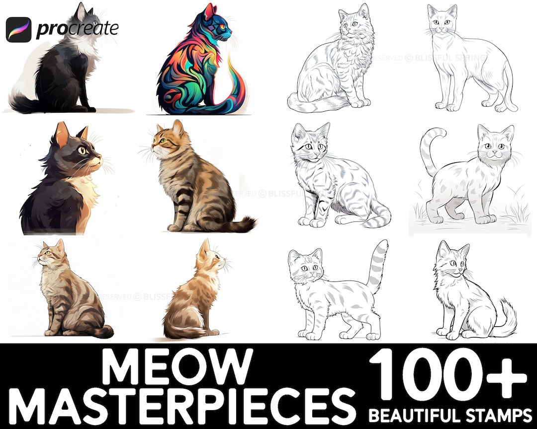 100+ Cat Procreate Brush Set | Unique Cat Stamp Brushes | Instant ...