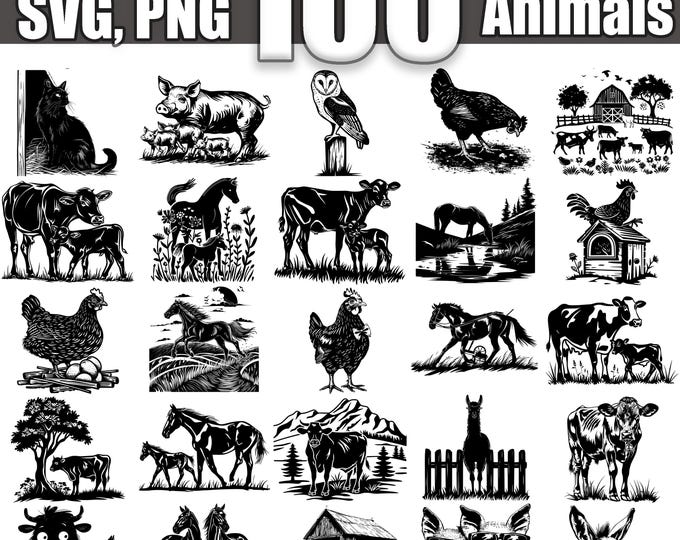 Farm Animals Clipart, Svg Files for Cricut, Pig Sheep Chicken Goat Cow ...