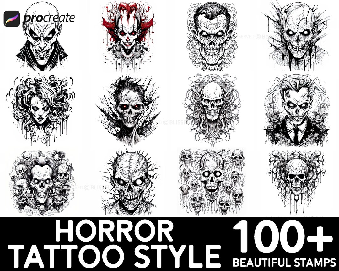 100+ Horror Tattoo Procreate Brush Set | Unique Tattoo Style Stamp ...