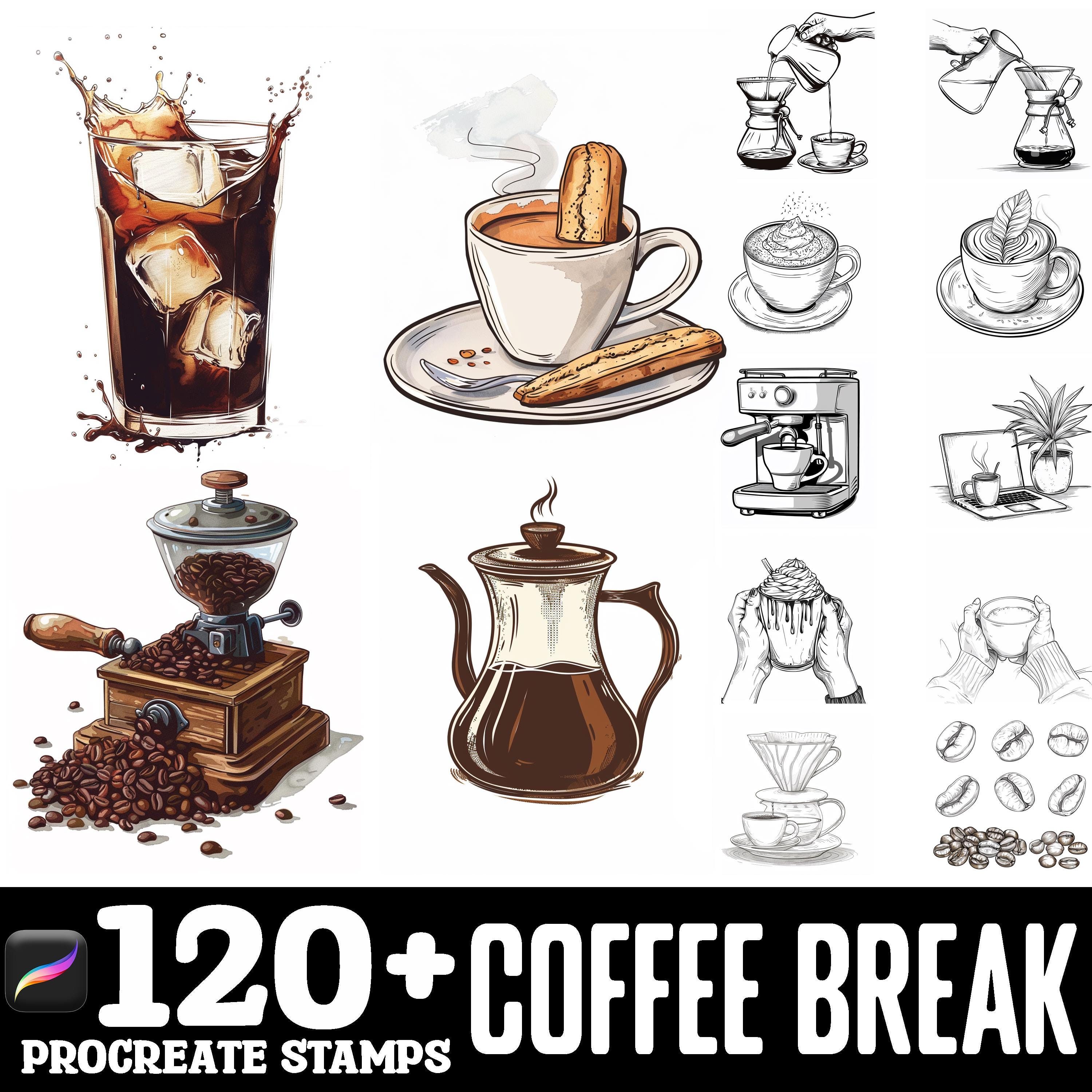 100+ Coffee Break Procreate Brush Set | Procreate Stamp Brushes ...