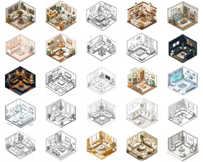 100+ Isometric Living Room Procreate Brush Set | Procreate Stamp ...