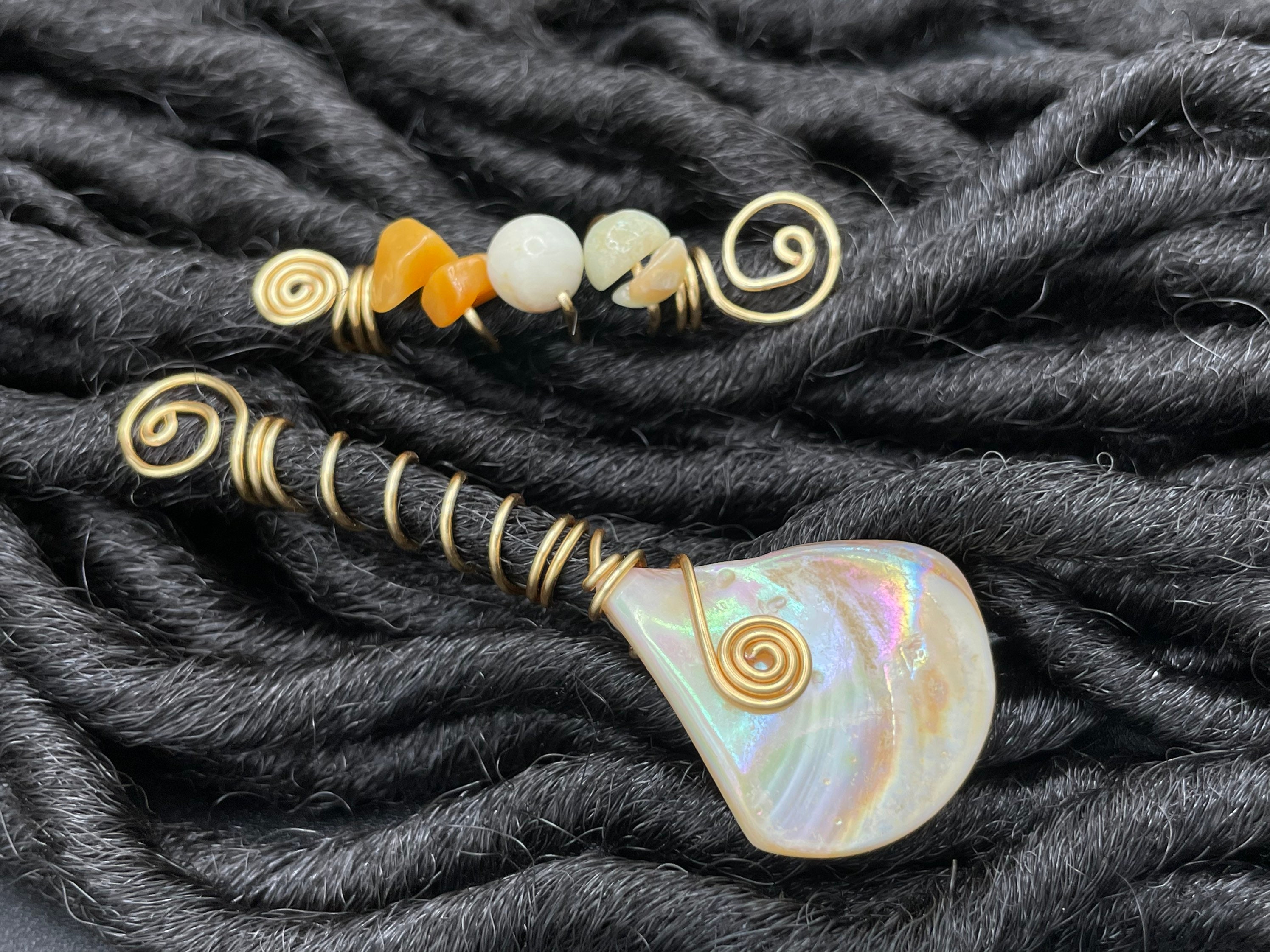 Gold 2pc Loc Jewelry, Loc Jewelry Set, Hair Jewelry, Natural Stone ...