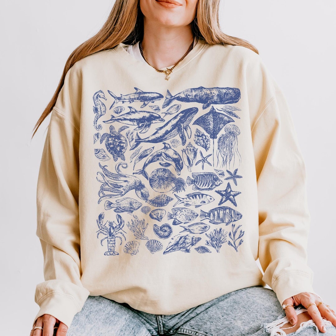 Retro Sea Creatures Sweatshirt, Vintage-inspired Sea Animals Retro ...
