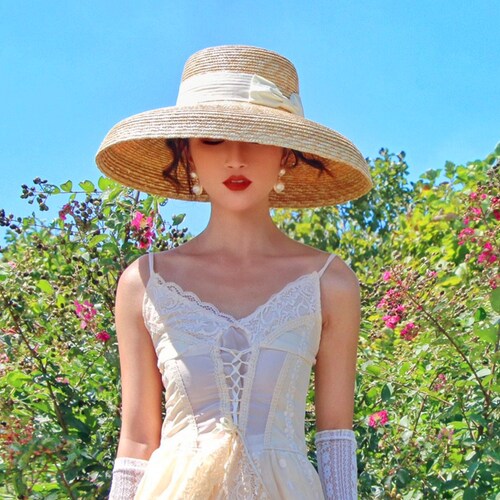 Straw Top Hat Chin Tie Women Wide Brim Hat Ribbon Lampshade Etsy