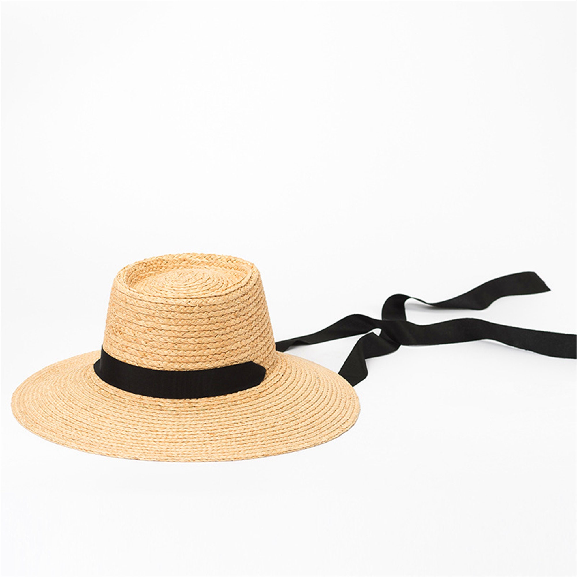 Raffia Straw Hat With Ribbon Chin Strap Tie Straw Sun Hat Etsy