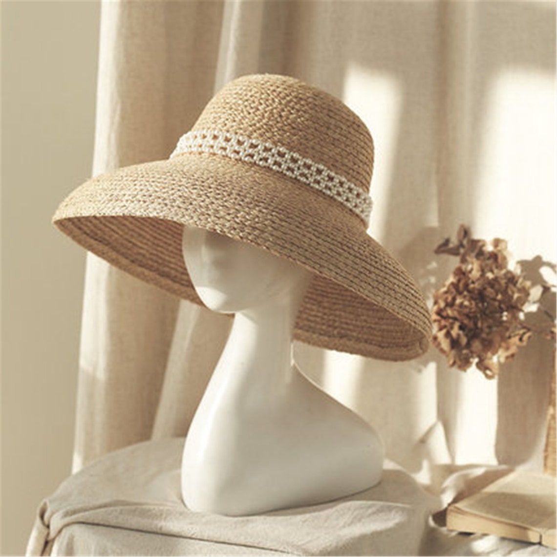 Audrey Hepburn Raffia Straw Sun Hat Peal Women Wide Brim Etsy