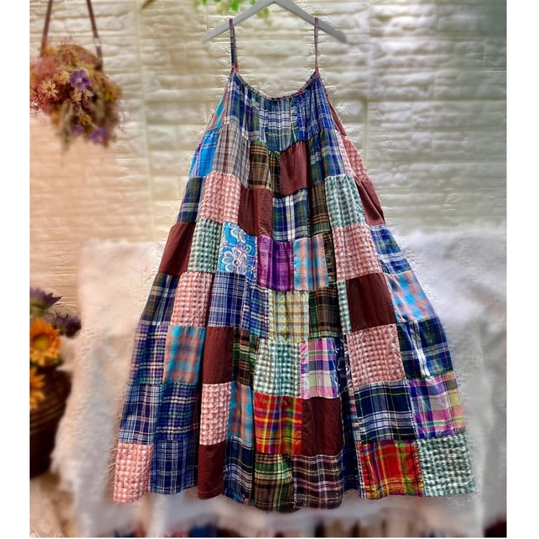 Womens Prairie Dress Pinafore Apron Dress Patchwork Strappy Summer Slip ...