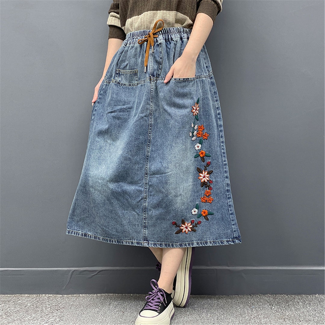 Embroidered Denim Skirt Women Boho Elastic Waist Floral Denim - Etsy