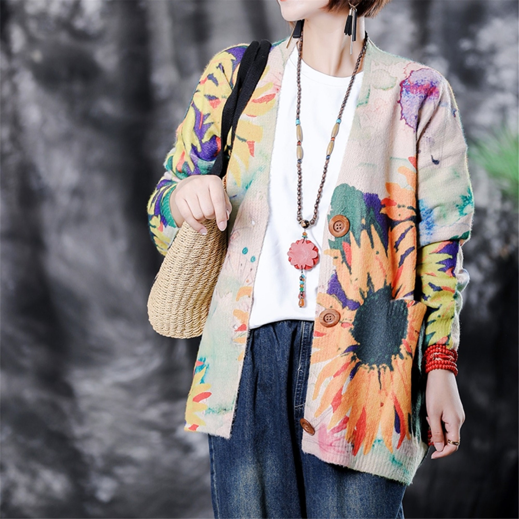 Women Knitted Sunflower Sweater Cardigan oversized Hand Knit - Etsy