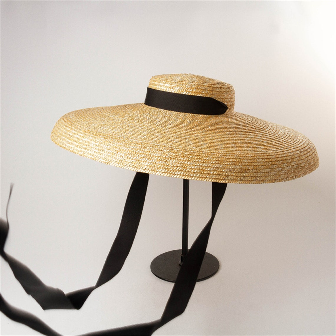 Wide Brim Straw Hat Black Ribbon Tie Women Straw Lampshade Etsy