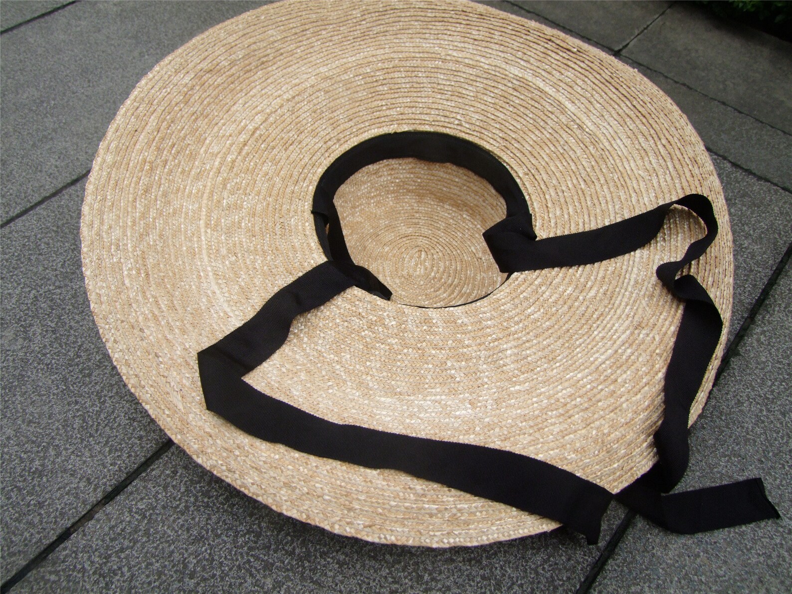 Black Stripe Wide Brim Straw Hat Ribbon Chin Strap Womenstraw Etsy