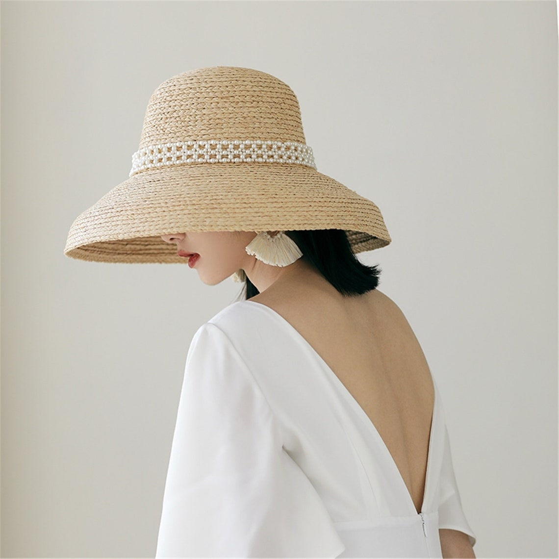 Audrey Hepburn Raffia Straw Sun Hat Peal Women Wide Brim Etsy