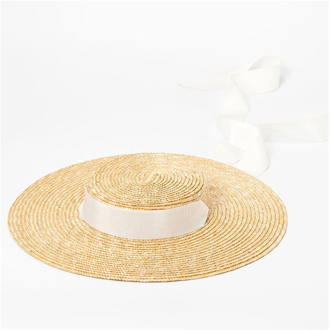 Edwardian Straw Boater Hat Ribbon Strap Flat Wide Brim Straw Etsy