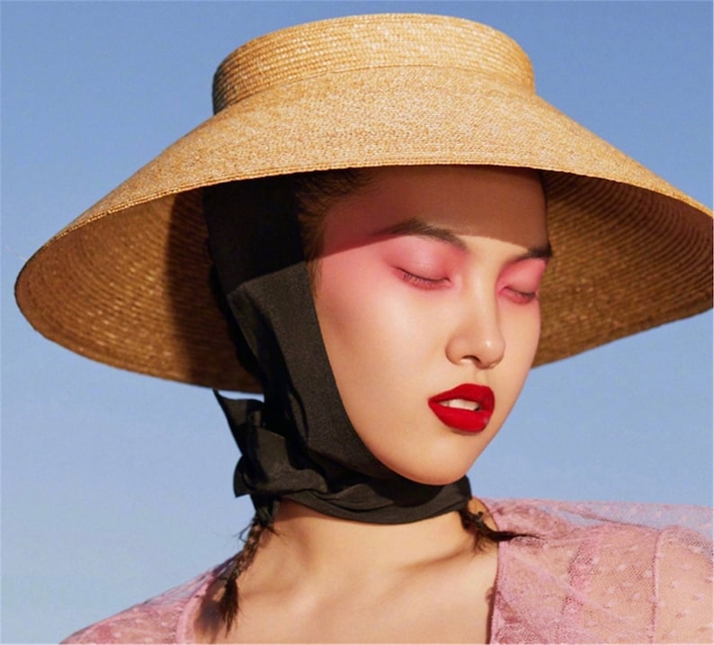Straw Top Hat Chin Tie Women Wide Brim Hat Ribbon Lampshade Etsy