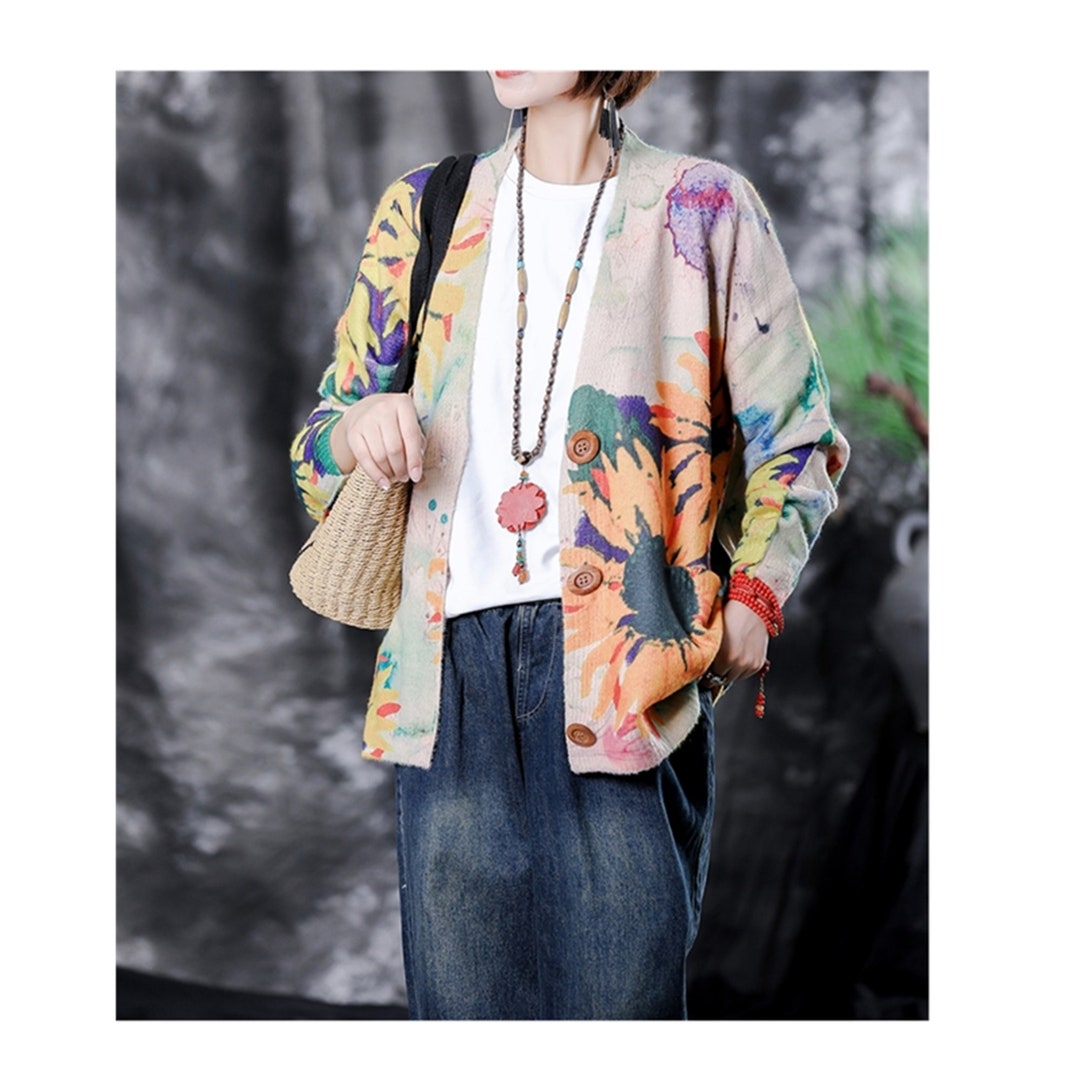 Women Knitted Sunflower Sweater Cardigan ,oversized Knit Floral ...