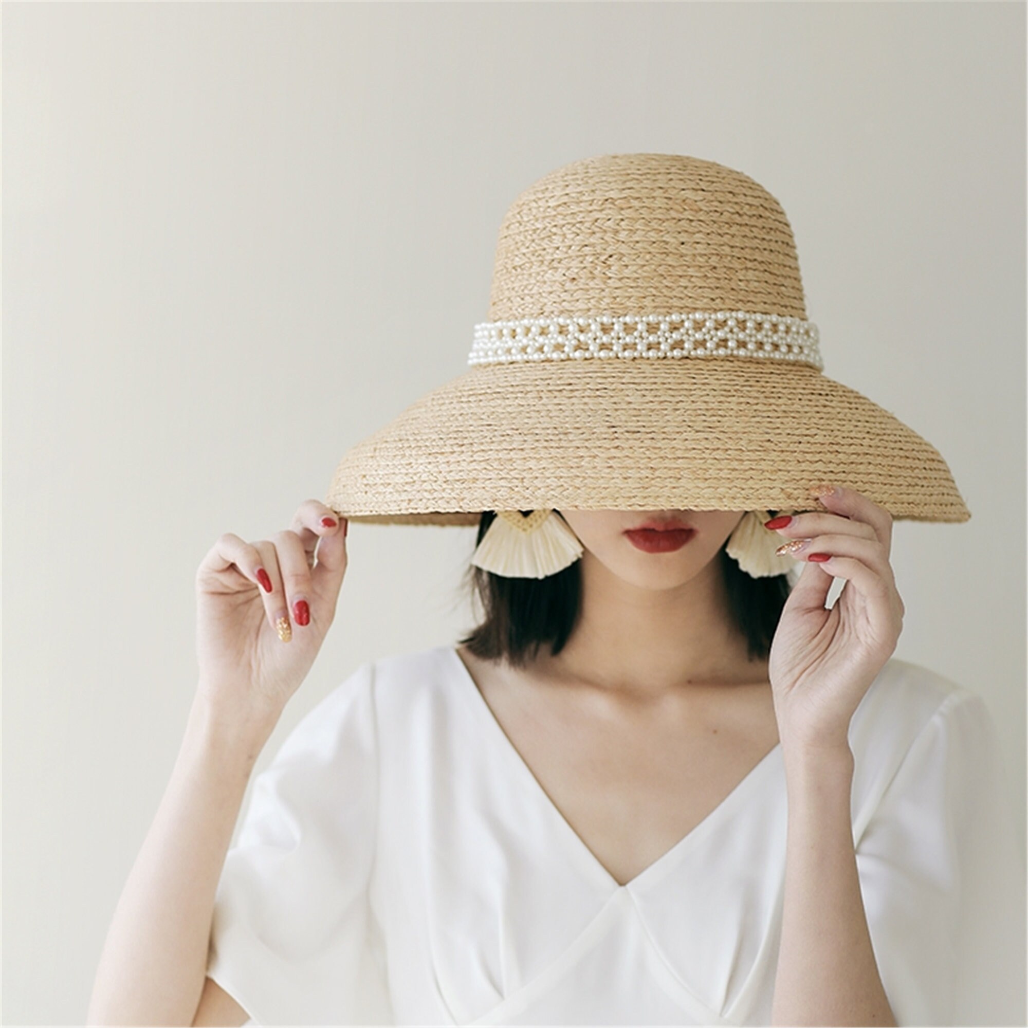 Audrey Hepburn Raffia Straw Sun Hat Peal Women Wide Brim Etsy