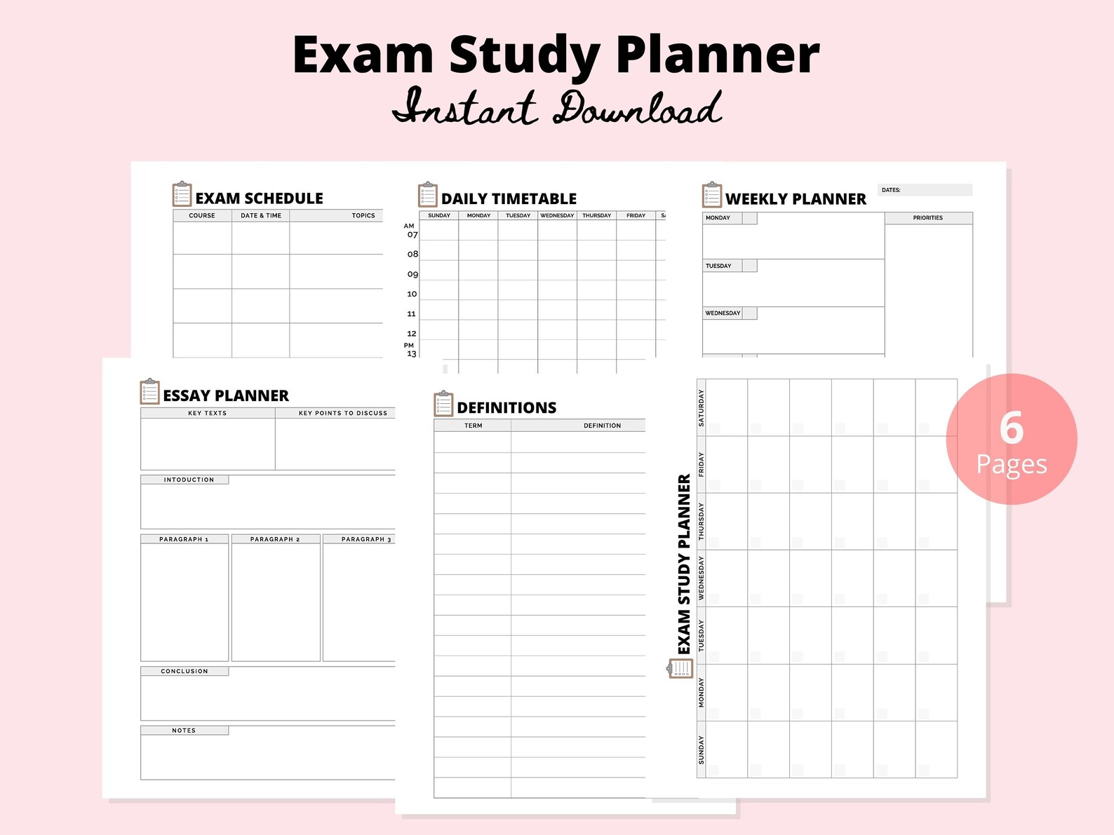 Exam Study Planner Printable Student Exam Schedule Digital Download 