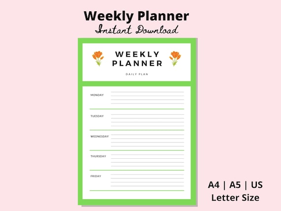 Weekly Planner Printable Monday to Friday Weekly Planner | Etsy