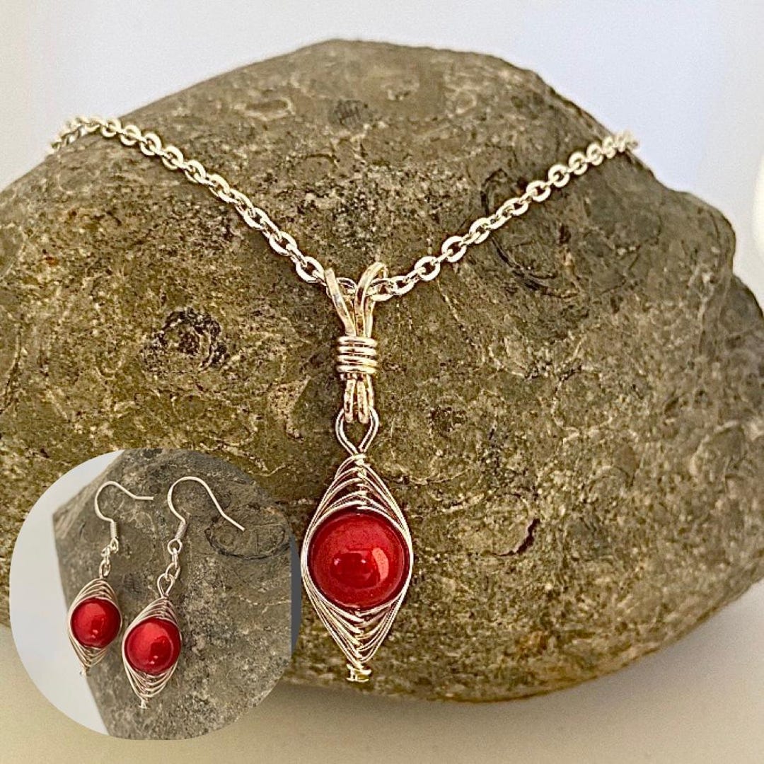Red Miracle Bead Necklace and Earrings, Silver Herringbone Wire ...
