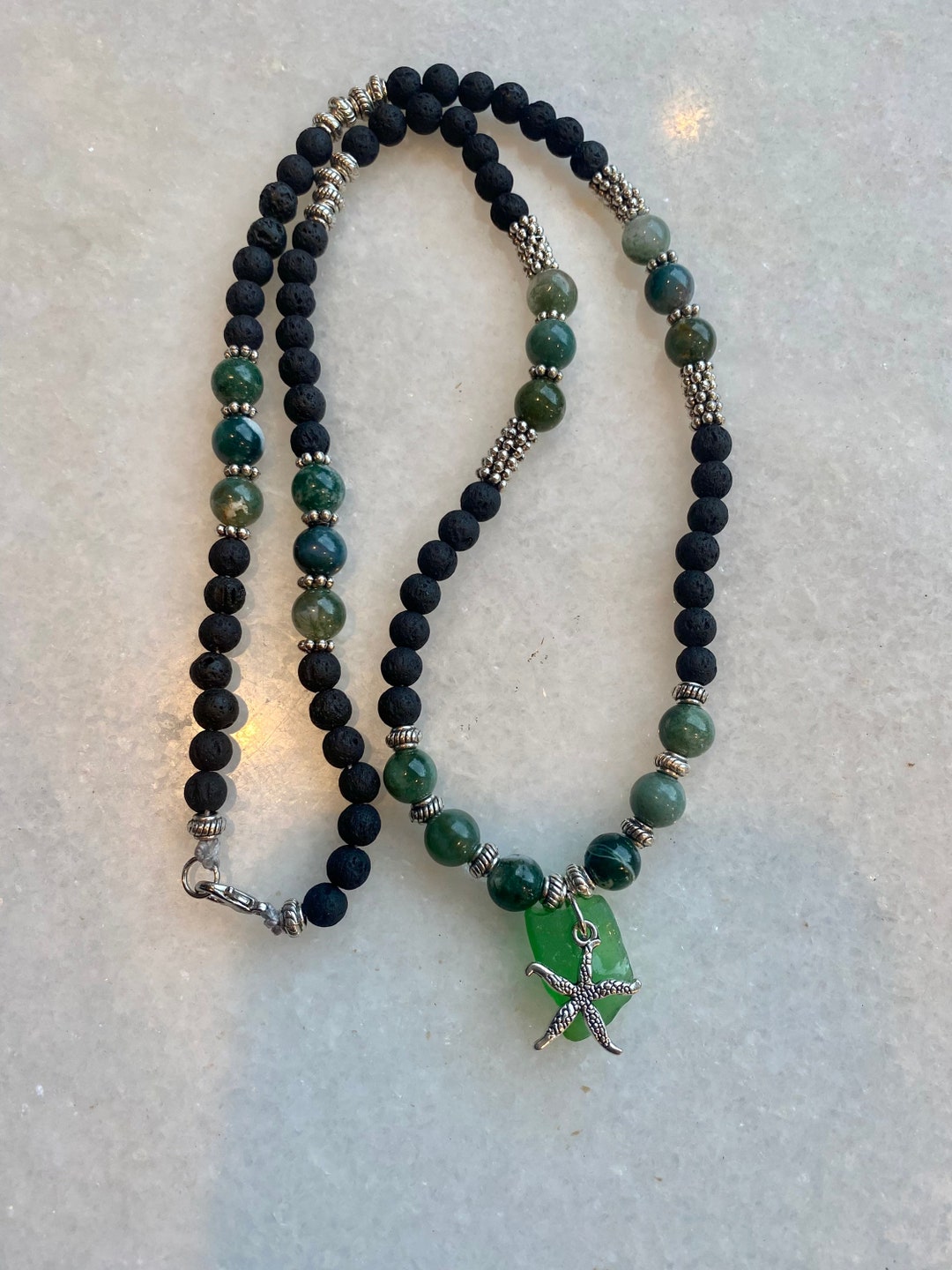Handmade Alaska Sea Glass Necklace, Green Agate Lava Beads, Starfish ...