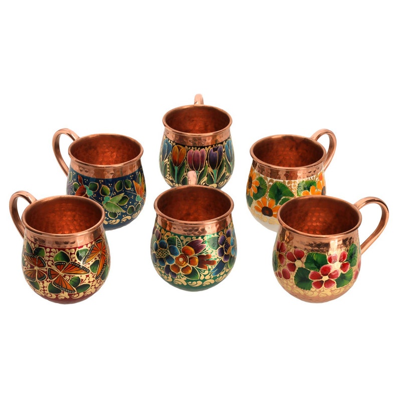 Set of Hand-painted Floral Jug & 6 Colored Copper Mugs | Artisan ...