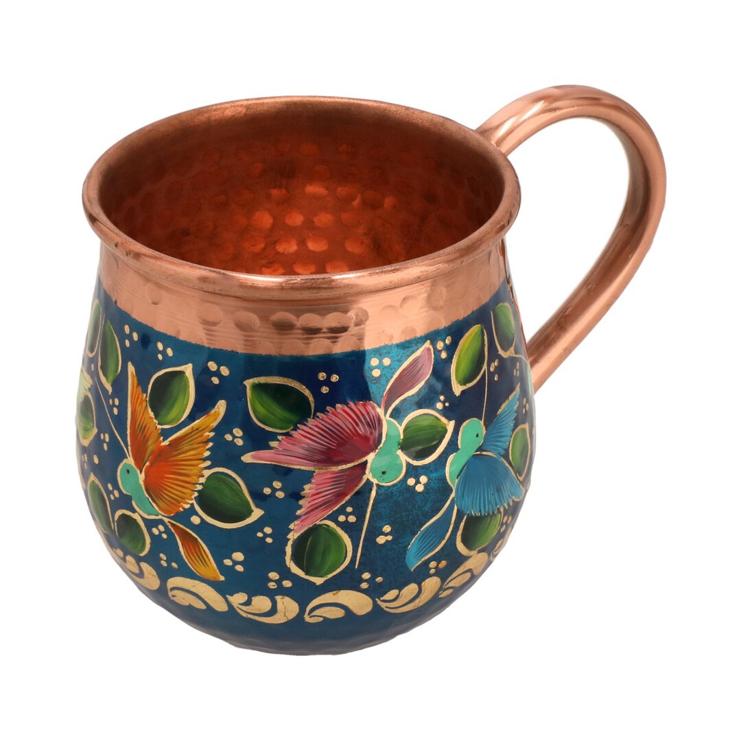 Set of 4 | Hand-painted Blue Hammered Copper Mug | Floral & Birds ...
