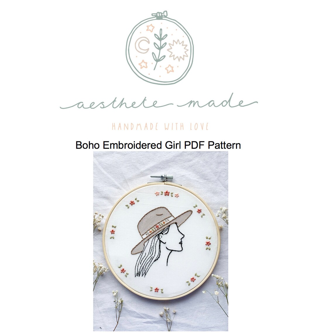Boho Hand Embroidered Girl PDF Pattern, Cute Embroidery Pattern, Floral ...