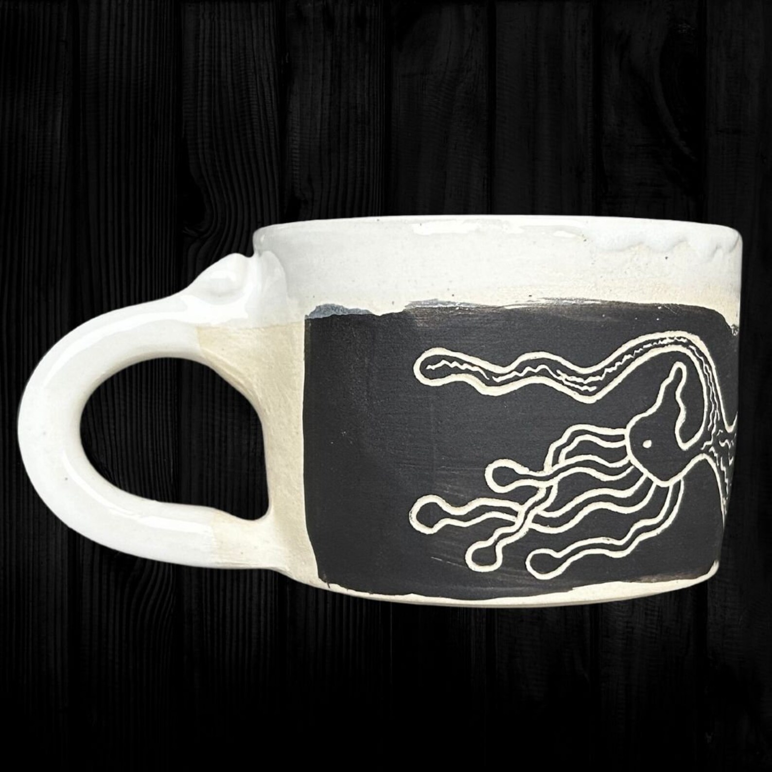 Handmade Pottery Sgraffito Mug Abstract Animal Mug Handmade Black and ...