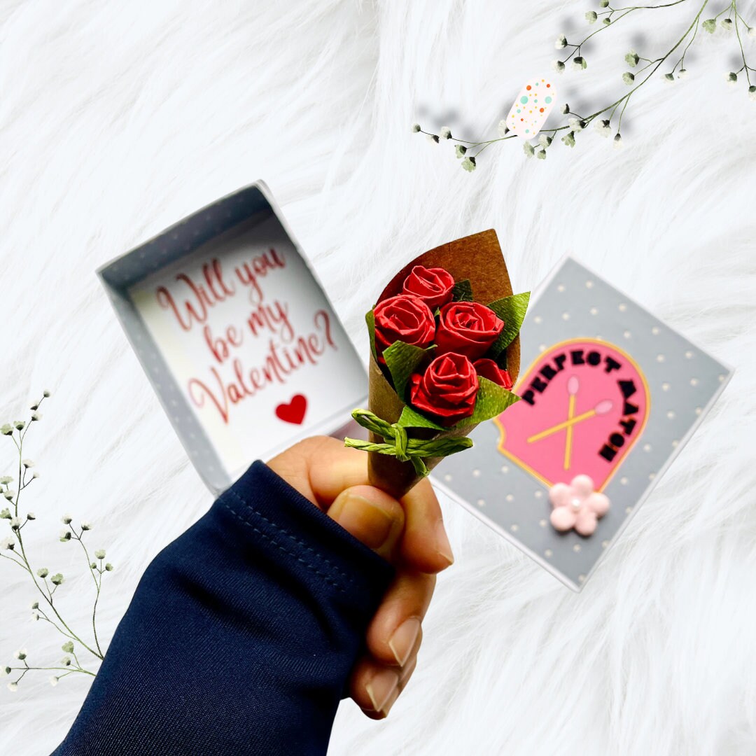 PERFECT MATCH Miniature Paper Roses Bouquet in A Matchbox, Valentines ...