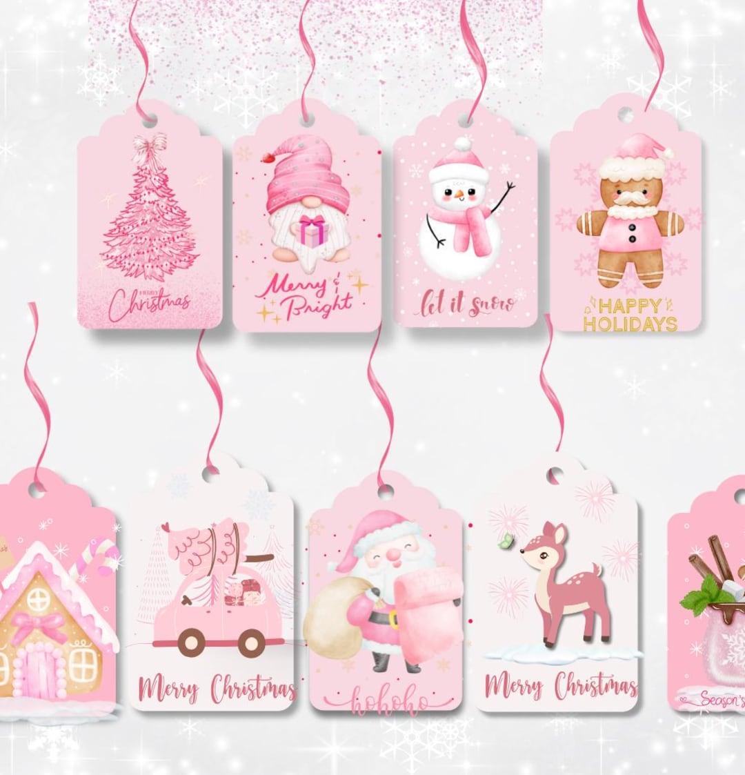 Pink Christmas Gift Tags Printable Bundle Kit, Merry Christmas Holiday ...