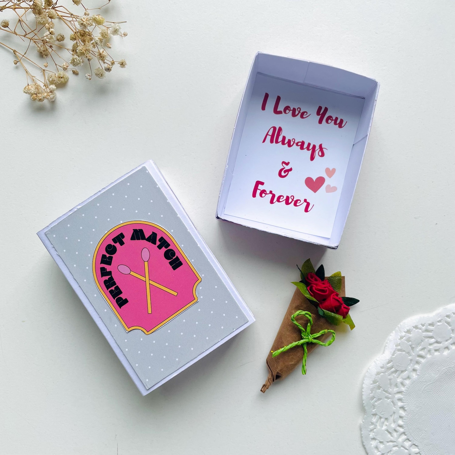 PERFECT MATCH Miniature Paper Roses Bouquet in A Matchbox, Valentines ...
