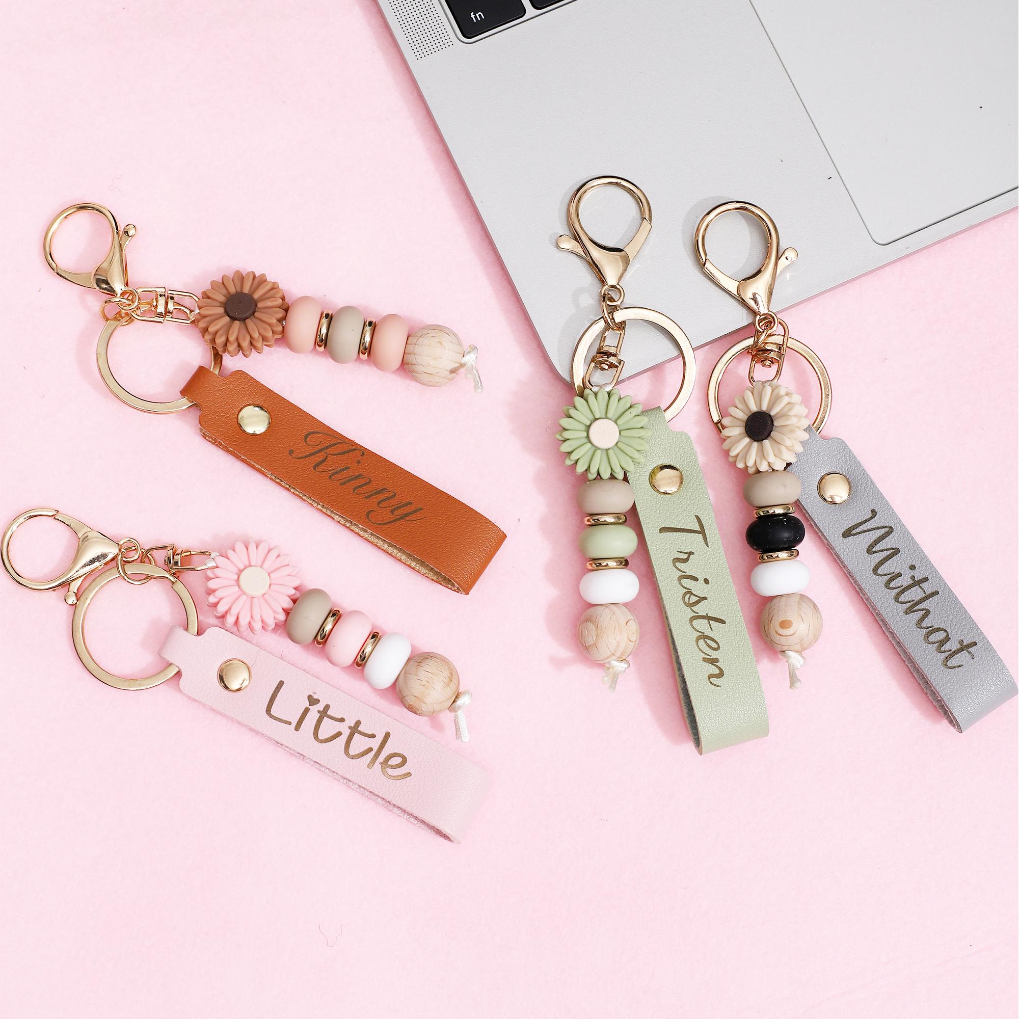 Personalised Keyring, Daisy Beaded Keyring, Faux Leather Keyring ...